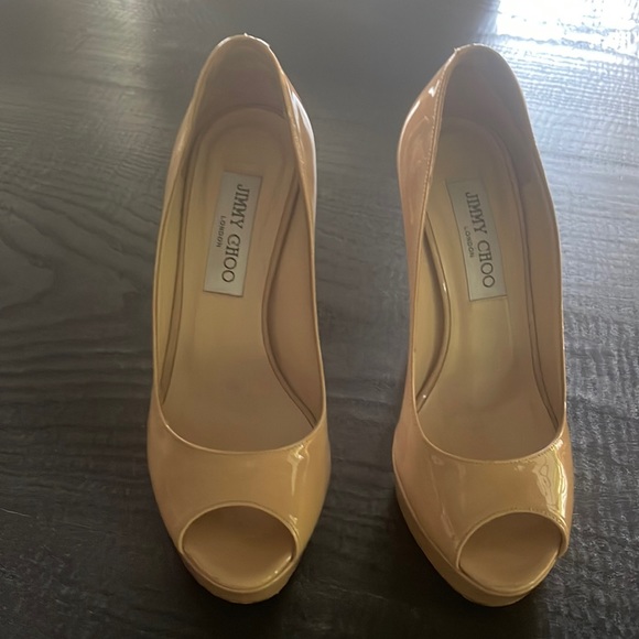 Jimmy Choo | Shoes | Beige Patent Leather Jimmy Choo Open Toe Shoes ...